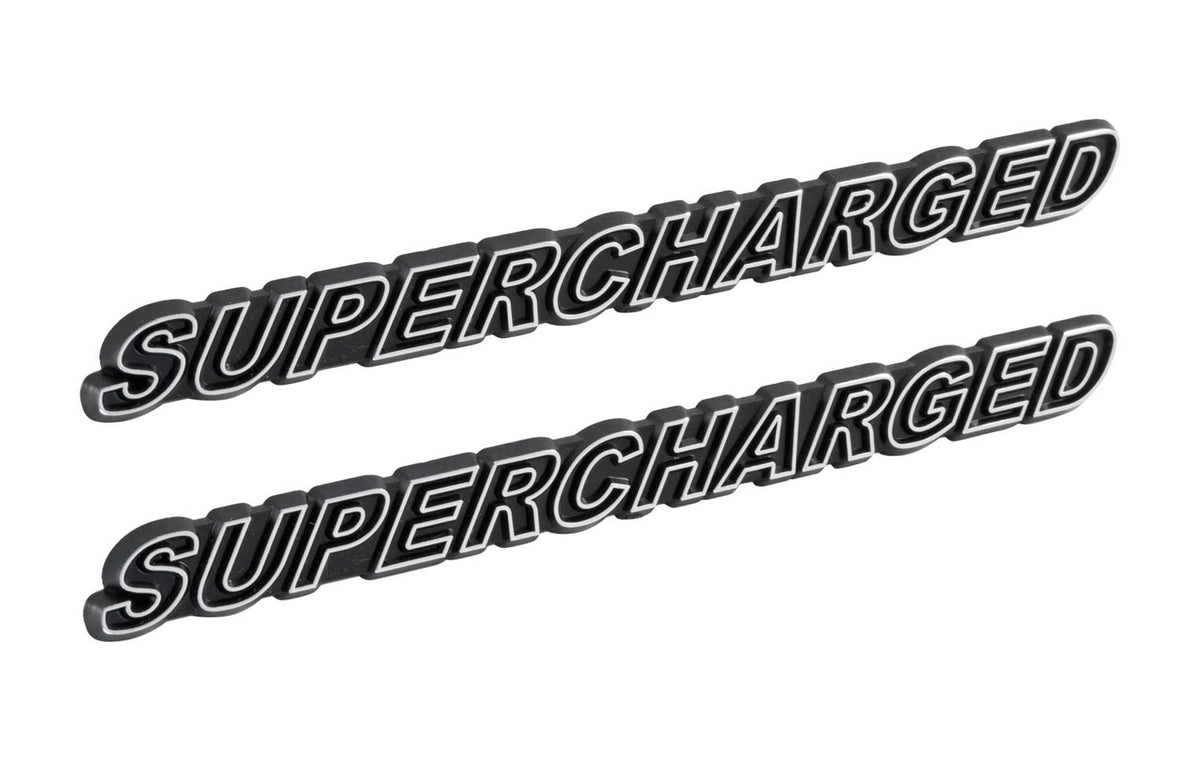 Supercharged Engine Emblems Badges Logos Chrome Trimmed & Black - 5" L ...