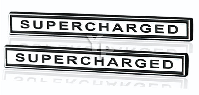 Chrome & Black Supercharged Engine Emblems Plates Badges Logos - 5" Lo ...